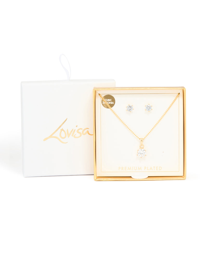 Gold Plated Cubic Zirconia Solitaire Necklace & Earrings Set - Lovisa