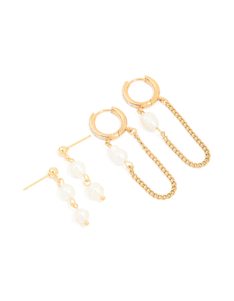 Waterproof Gold Plated Stainless Steel Pearl Drop & Chain Earrings 2-P ...