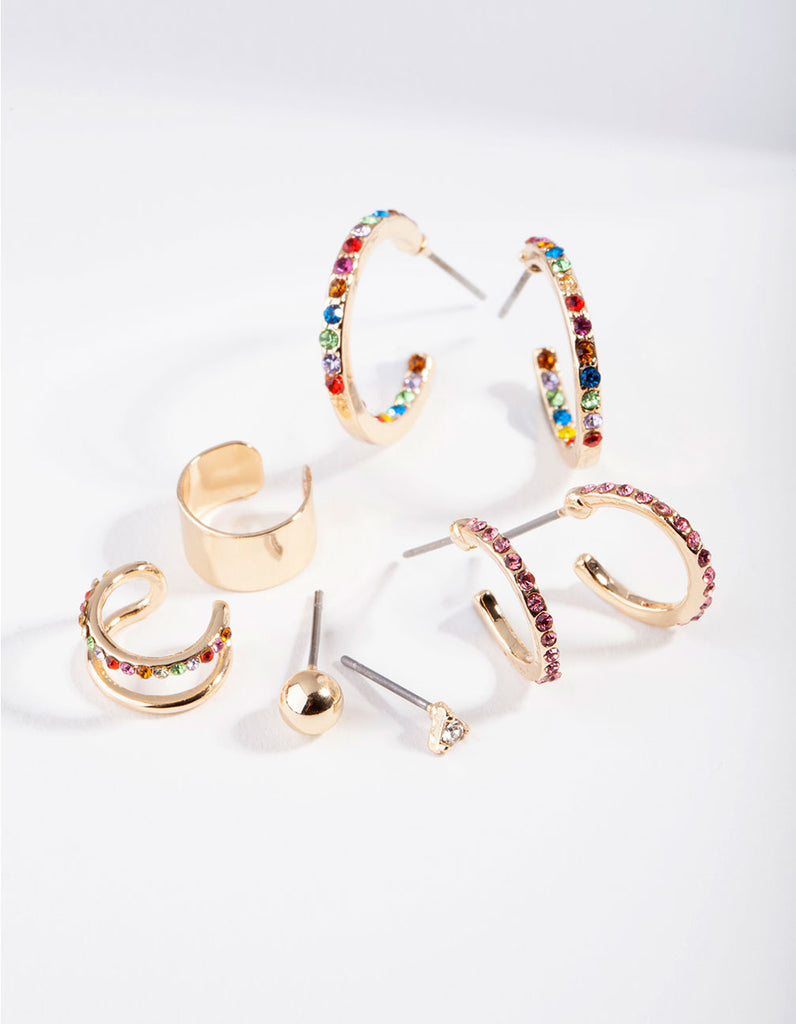 Gold Rainbow Diamante Stud Hoop Ear Stack - Lovisa