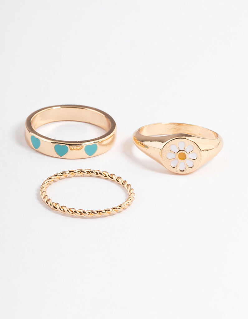 Gold Enamel Flower & Heart Ring Pack - Lovisa