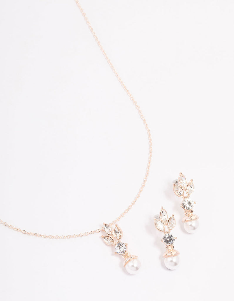 Rose Gold Leafy Diamante & Pearl Jewellery Set - Lovisa